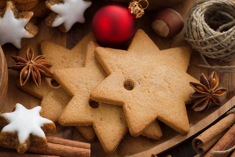 Assorted Christmas Cookies, Decorations and Spices, Close-up Stock ...