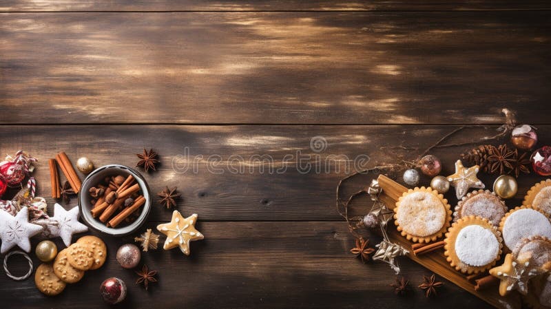 Assorted Christmas Holiday Desserts and Sweets. Top View on Rustic Wood ...
