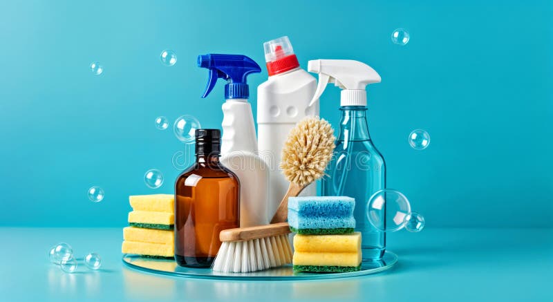 Assorted Cleaning Supplies on Blue Background with Bubbles Stock ...