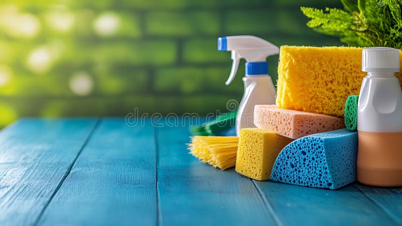 Assorted Cleaning Supplies on Blue Wooden Table with Green Background ...