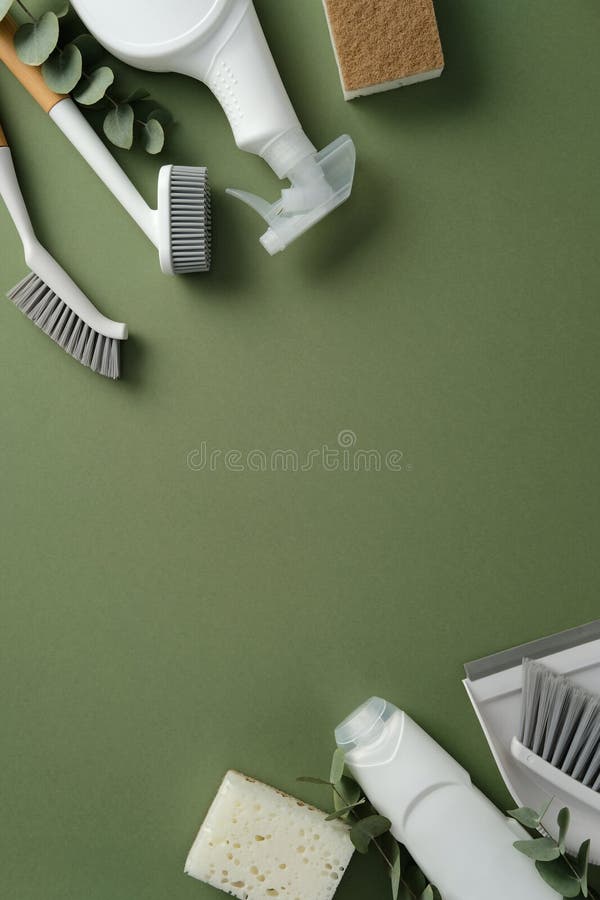 Assorted Cleaning Tools Including Brushes, Sponges, Spray Bottle, and ...