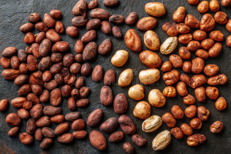 Assorted Cocoa Beans Showcasing Diverse Textures and Colors on Dark ...