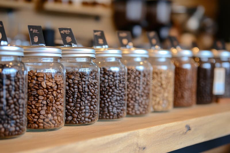 Assorted Coffee Beans in Jars Displayed on a Wooden Counter Stock ...