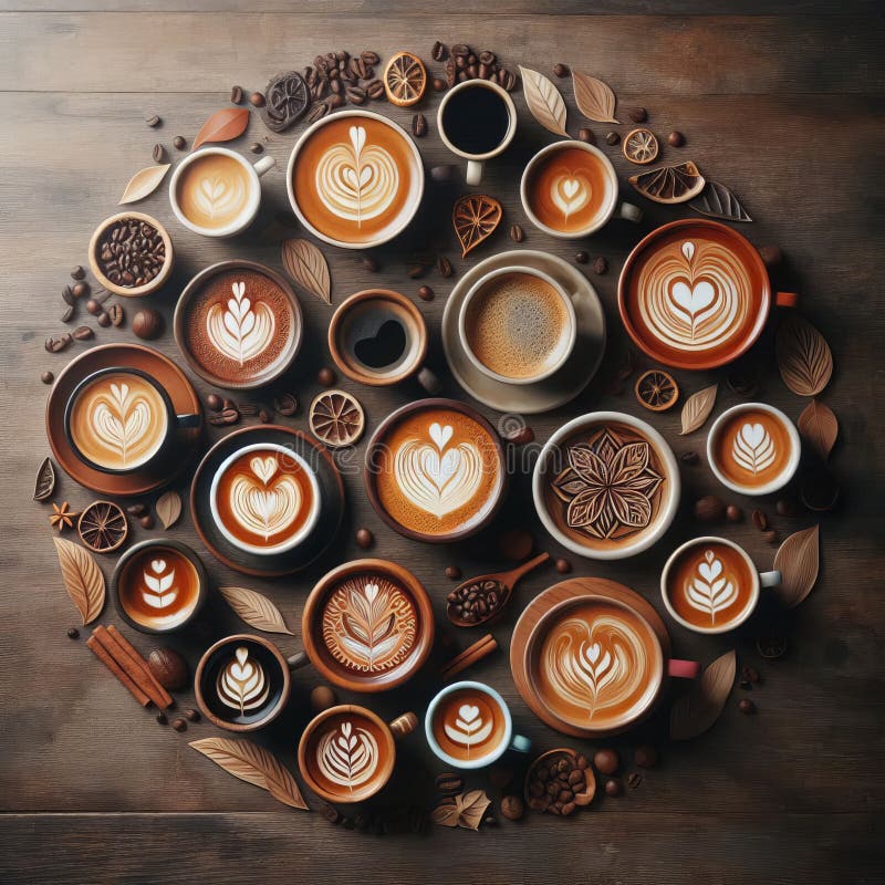 Assorted Coffee Cups with Latte Art Arranged in a Circle Stock Photo ...