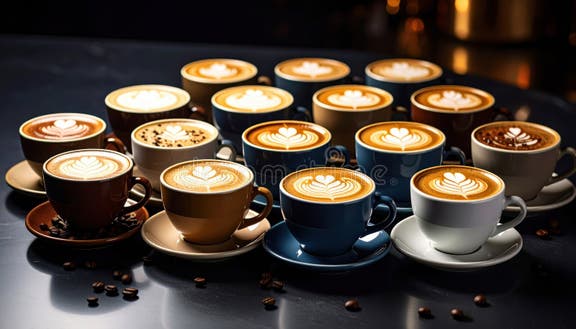 Assorted Coffee Cups with Latte Art Hot Drinks on Dark Table Multiple ...