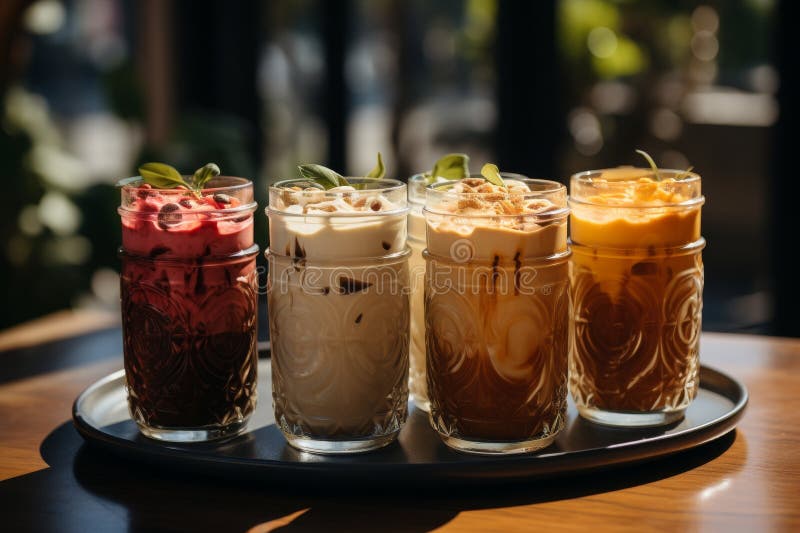 Assorted Coffee Drinks in Glass Cups on Beige Surface, Bathed in ...