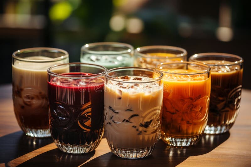 Assorted Coffee Drinks in Glass Cups on Beige Surface, Creating Chic ...