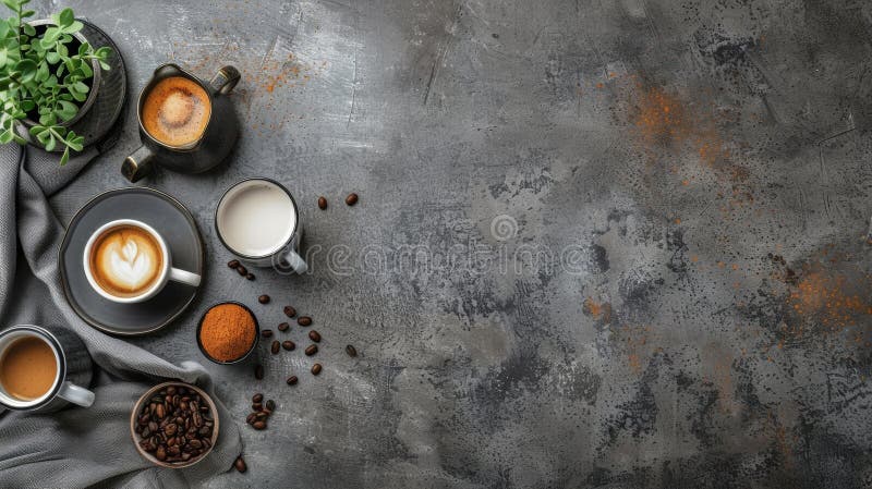 Assorted Coffee Drinks and Ingredients on a Textured Surface Stock ...