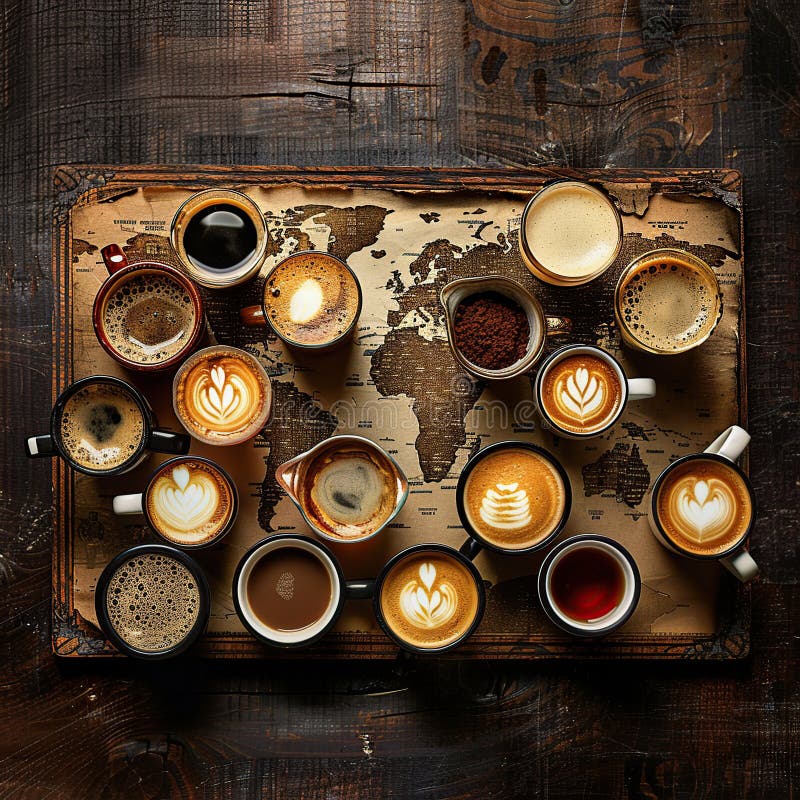 Assorted Coffee Drinks on World Map Stock Illustration - Illustration ...