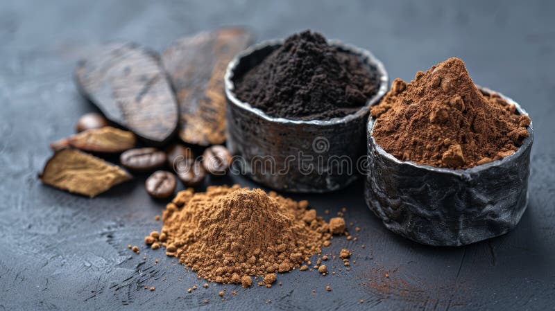 Assorted Coffee Powders and Beans on a Dark Surface. Different Types of ...