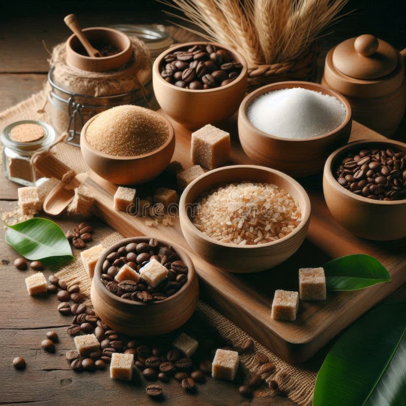 Assorted Coffee and Sugar in Wooden Bowls, Rustic Kitchen Setup Stock ...