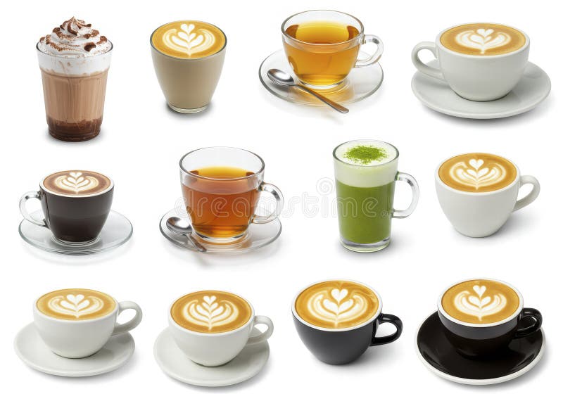 Assorted Coffee and Tea Drinks Latte Art Cappuccino Mocha Matcha ...