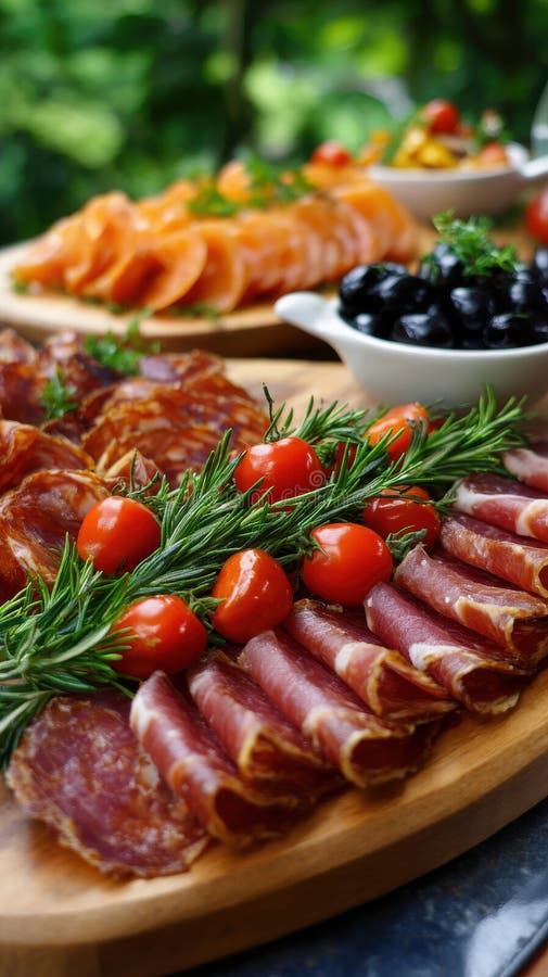 Assorted Cold Cuts and Appetizers on Wooden Board with Tomatoes and ...