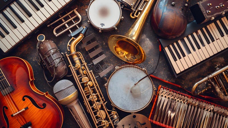 Assorted Collage of Musical Instruments. Guitar Keyboard Brass ...