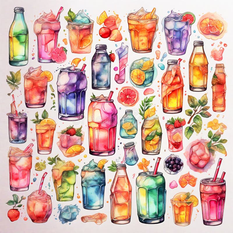 Assorted Collection of 2D Soft Drink Stickers in Watercolor Style ...