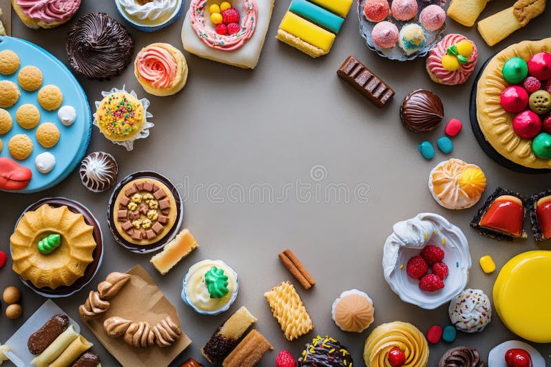 Assorted Colorful Cakes Pastries and Sweets Arranged on Grey Background ...