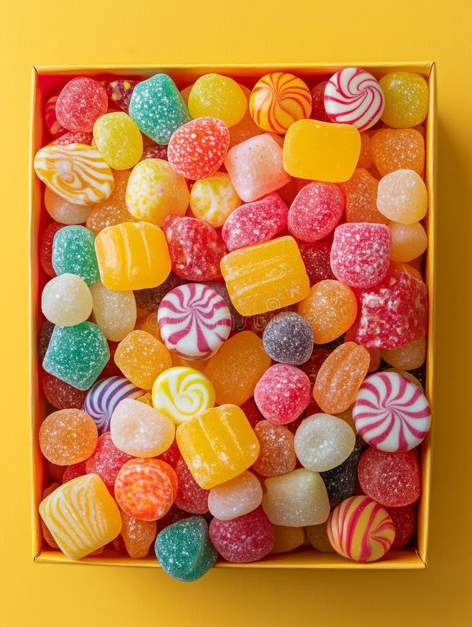 Assorted Colorful Candies in a Box on a Yellow Background. Stock Photo ...