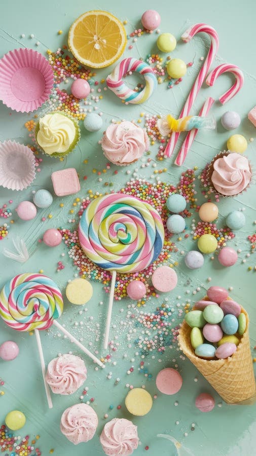 Assorted Colorful Candy on Light Teal Blue Surface in Close-Up Stock ...