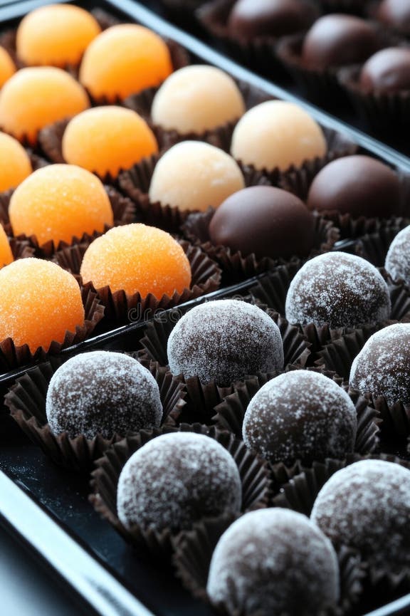 Assorted Colorful Chocolate Truffles in Rows Highlighting Variety and ...