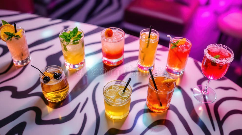 Assorted Colorful Cocktails on Zebra Patterned Table with Neon Lighting ...