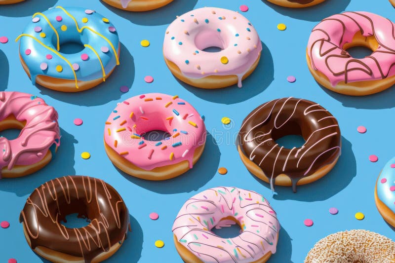 Assorted Colorful Donuts on Blue Background Stock Illustration ...