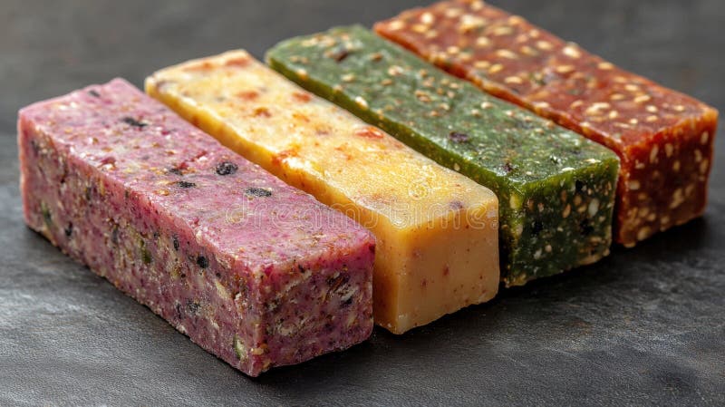 Assorted Colorful Energy Bars on Dark Background Stock Photo - Image of ...