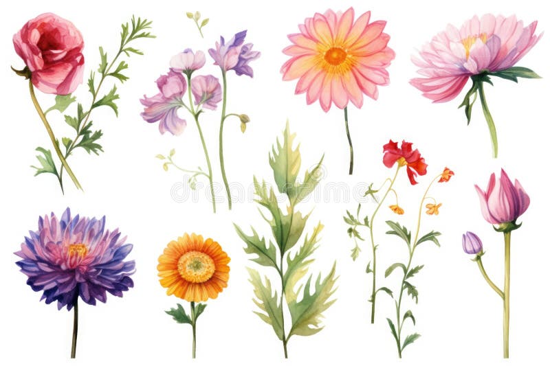 Assorted Colorful Flowers on a Plain White Backdrop, Perfect for Various Design Projects Stock ...
