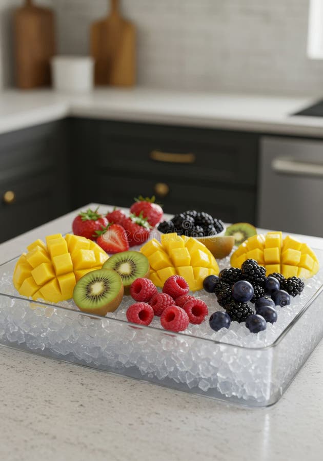 Assorted Colorful Fresh Fruit Platter on Ice Stock Illustration ...