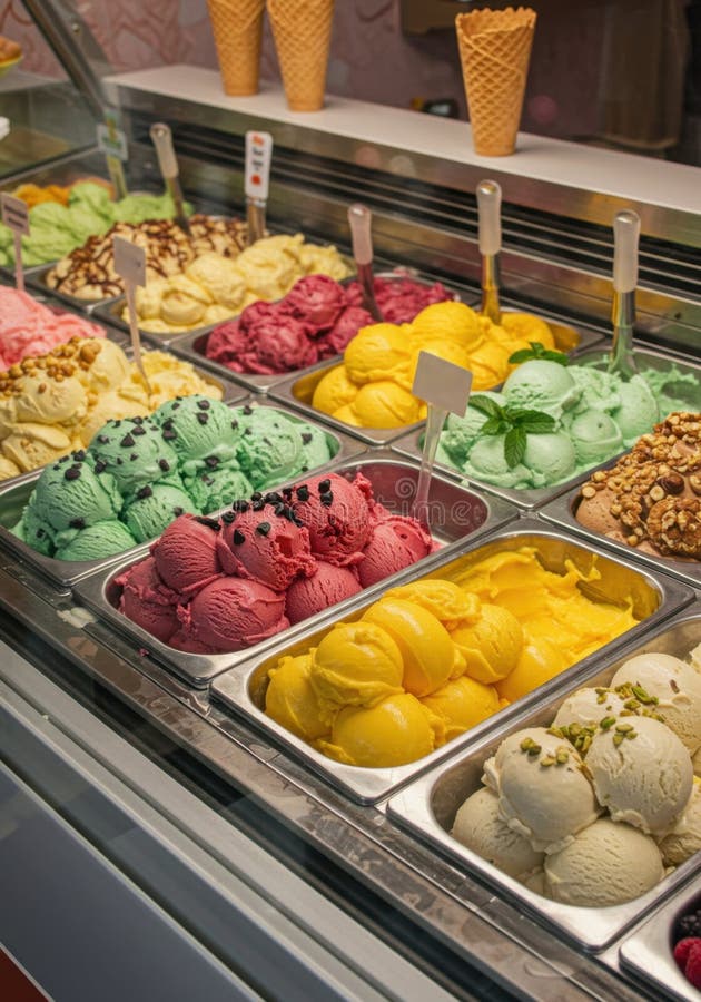 Assorted Colorful Gelato Ice Cream Scoops in Display Case Stock Image ...