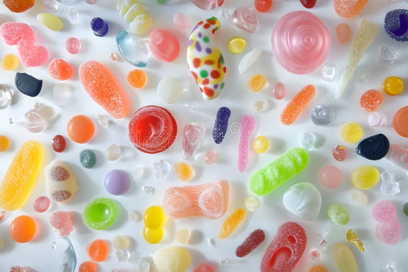 Assorted Colorful Gummy Candies and Clear Objects on a White Surface ...