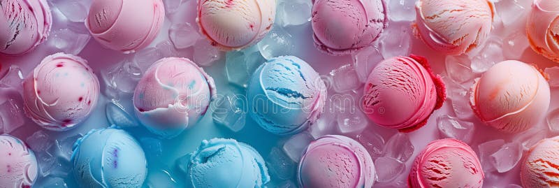 Assorted Colorful Ice Cream Scoops with Ice Cubes on Pastel Background ...