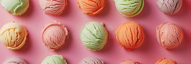Assorted Colorful Ice Cream Scoops on Pink Background Banner. Panoramic ...