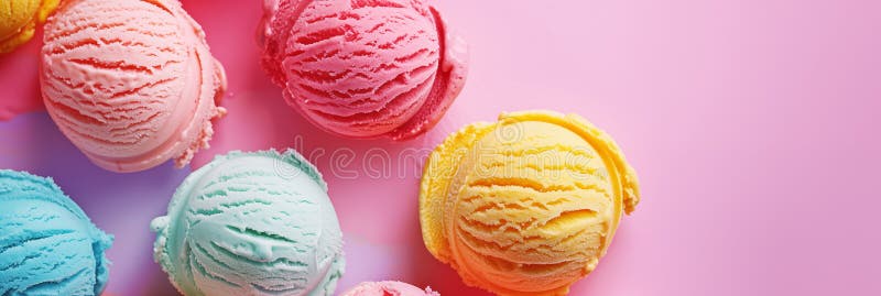 Assorted Colorful Ice Cream Scoops on Pink Background Banner. Panoramic ...