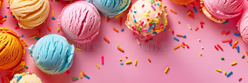 Assorted Colorful Ice Cream Scoops on Pink Background Banner. Panoramic ...
