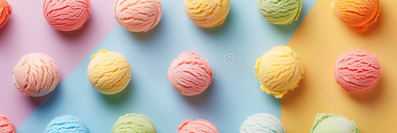 Assorted Colorful Ice Cream Scoops on Pink, Yellow, Blue Background ...