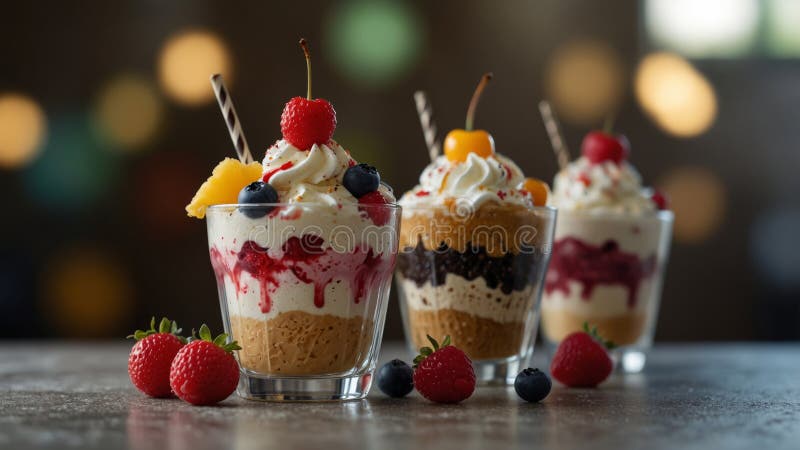 Assorted Colorful Ice Cream Sundaes with Fresh Fruit Toppings. Stock ...