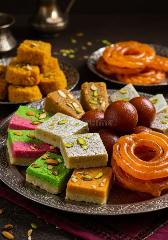 Assorted Colorful Indian Sweets on Silver Platter Stock Illustration ...