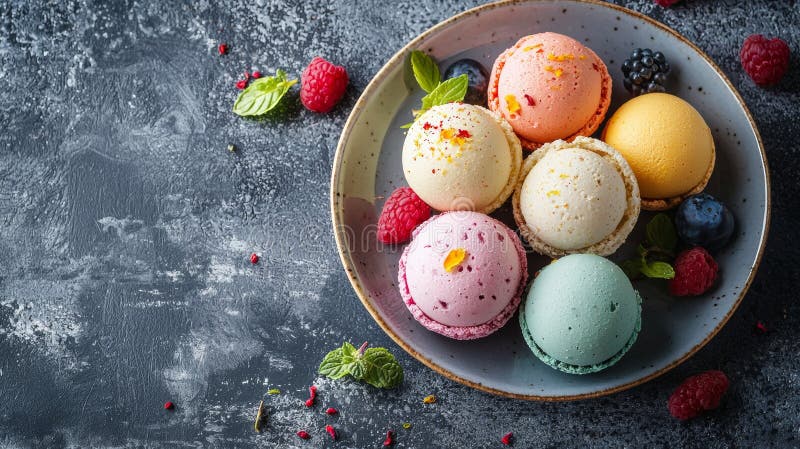 Assorted Colorful Macarons on a Textured Dark Surface Stock Photo ...