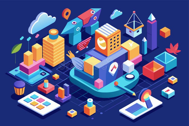 Assorted Colorful Objects Scattered on a Vibrant Blue Background, Brand ...