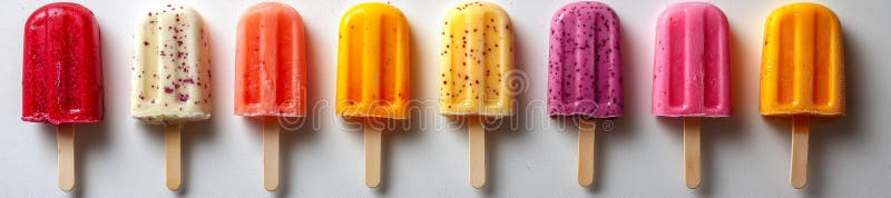 Assorted Colorful Popsicles Lined Up on White Background Stock ...