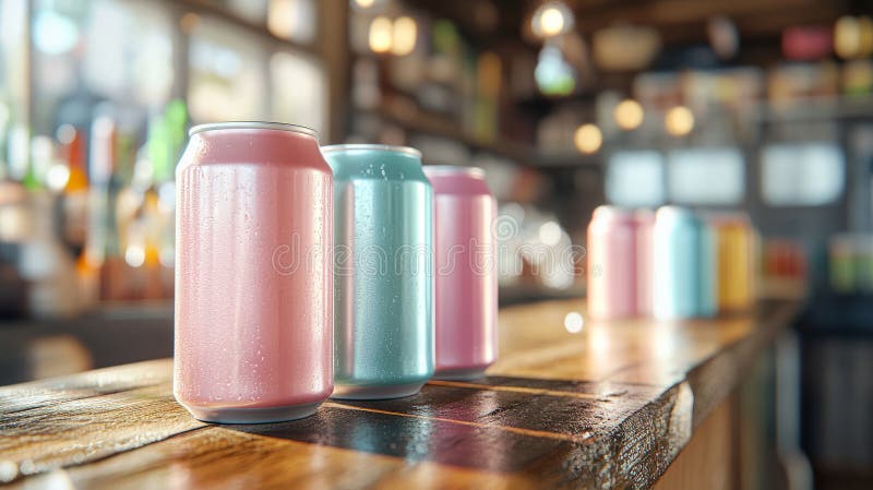 Assorted Colorful Soda Cans on a Bar Counter Stock Photo - Image of ...