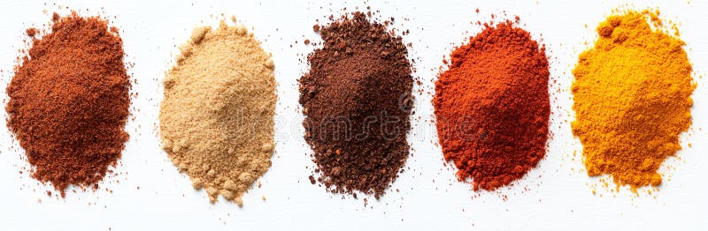 Assorted Colorful Spices in Powder Form Lined Up Against a White ...