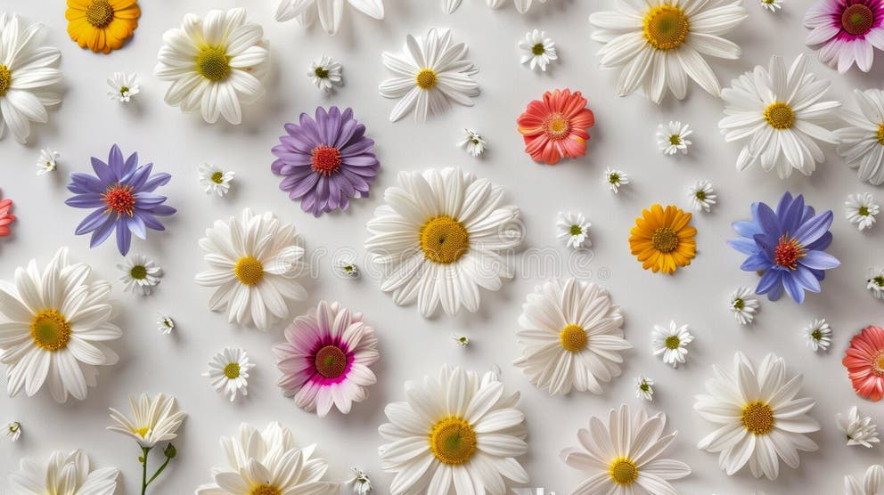 Assorted Colorful Spring Flowers Scatter Pattern on White Background ...