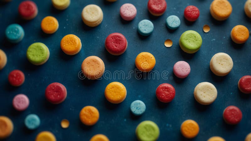 Assorted Colorful Sweets and Desserts on a Blue Background. Stock Photo ...