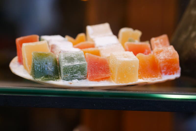 Colorful Turkish Delight Cubes Dusted Powdered Sugar Plate Stock Photos ...