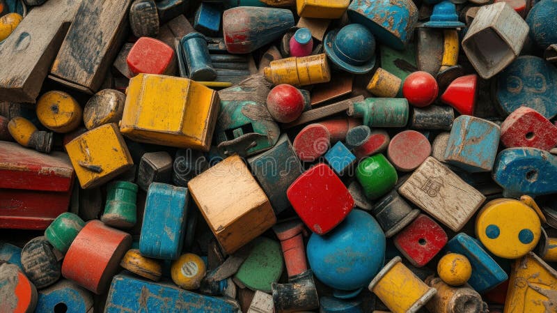 Wooden Blocks and Shapes in a Colorful Jumble Stock Illustration ...