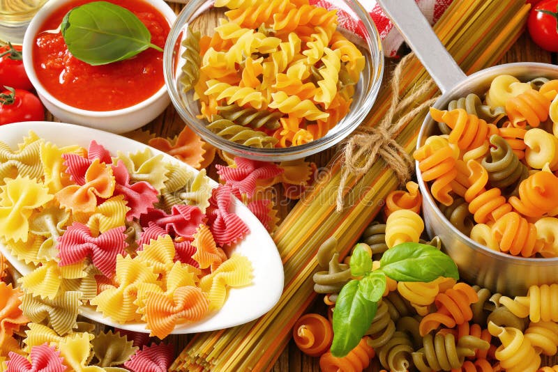 Assorted coloured pasta stock photo. Image of basil, passata - 97397288