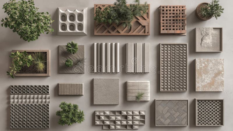 Assorted Concrete Textures with Greenery and Diverse Plant Arrangements ...