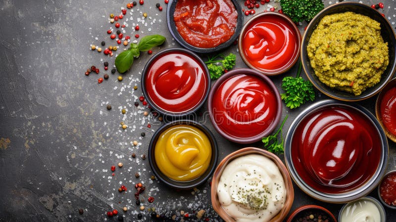 Assorted Condiments and Sauces Spread on Rustic Tabletop Stock Image ...