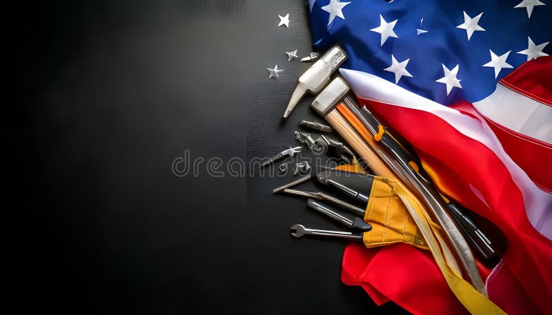 Assorted Construction and Manufacturing Tools Arranged with US Flag on ...